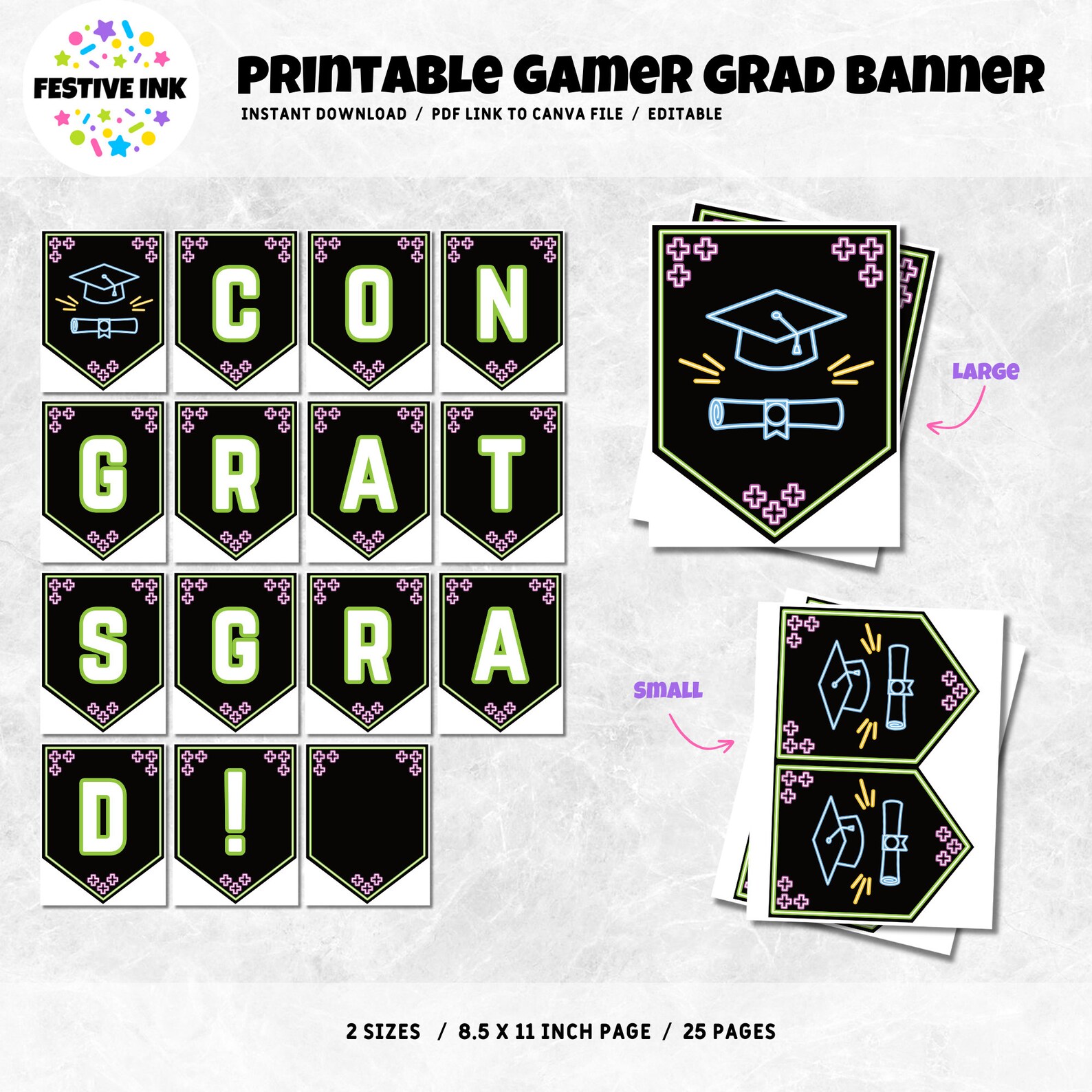 Gamer Graduation Banner, Neon School Bunting, Achievement Party ...
