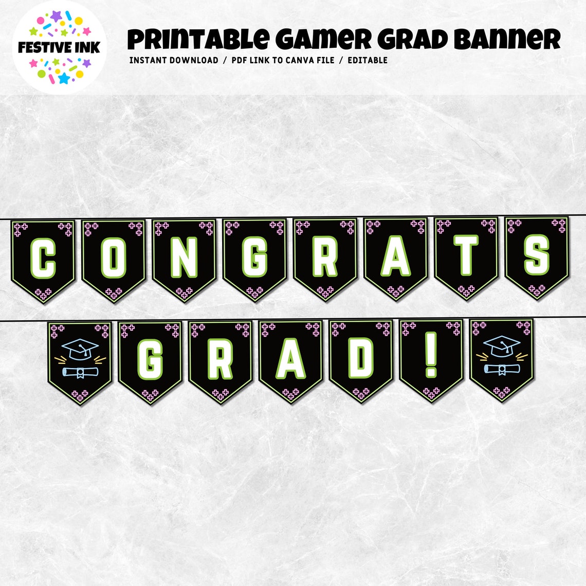 Gamer Graduation Banner, Neon School Bunting, Achievement Party ...