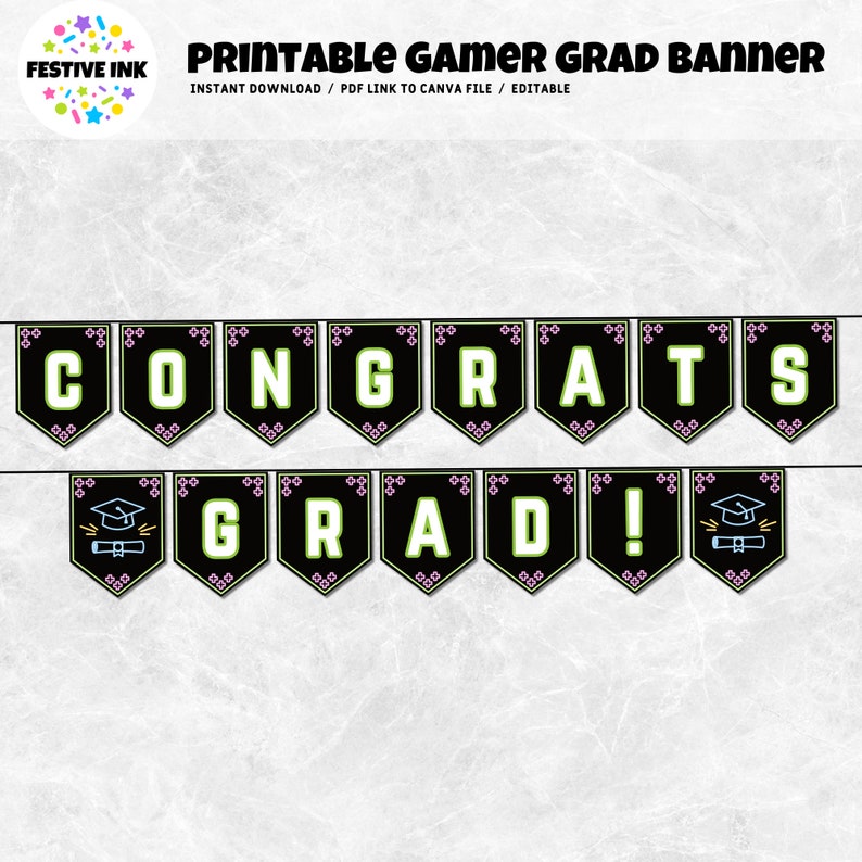 Gamer Graduation Banner, Neon School Bunting, Achievement Party ...
