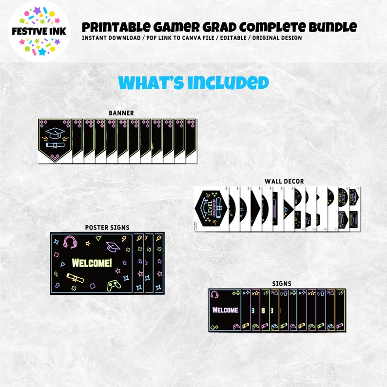 Gamer Graduation Complete Bundle, Colorful Neon Event Decor, Video Game ...
