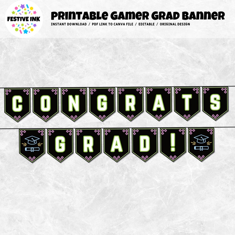 Gamer Graduation Banner, Neon School Bunting, Achievement Party ...