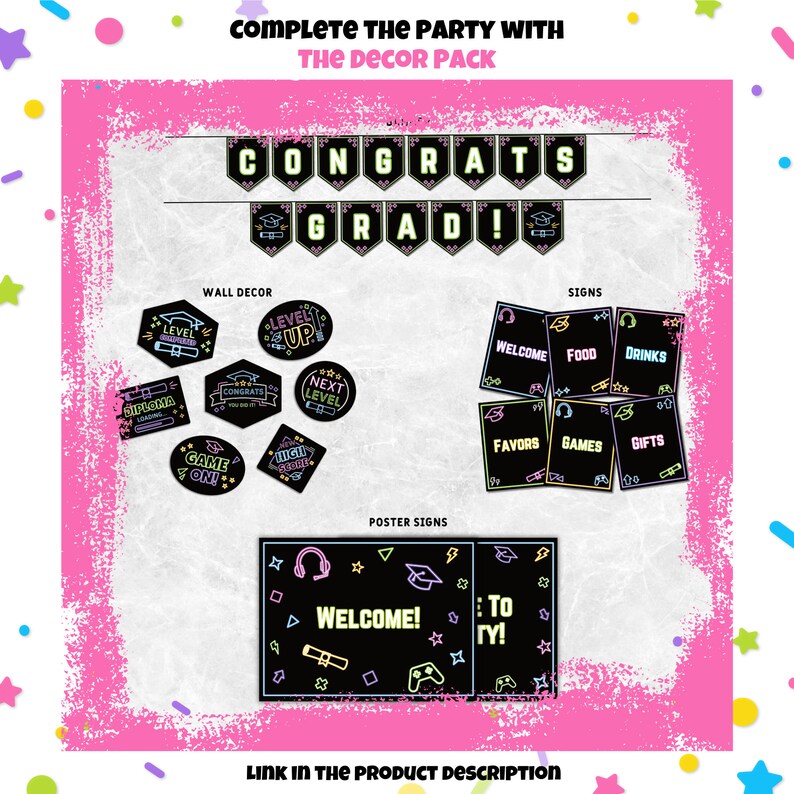Gamer Graduation Banner, Neon School Bunting, Achievement Party ...