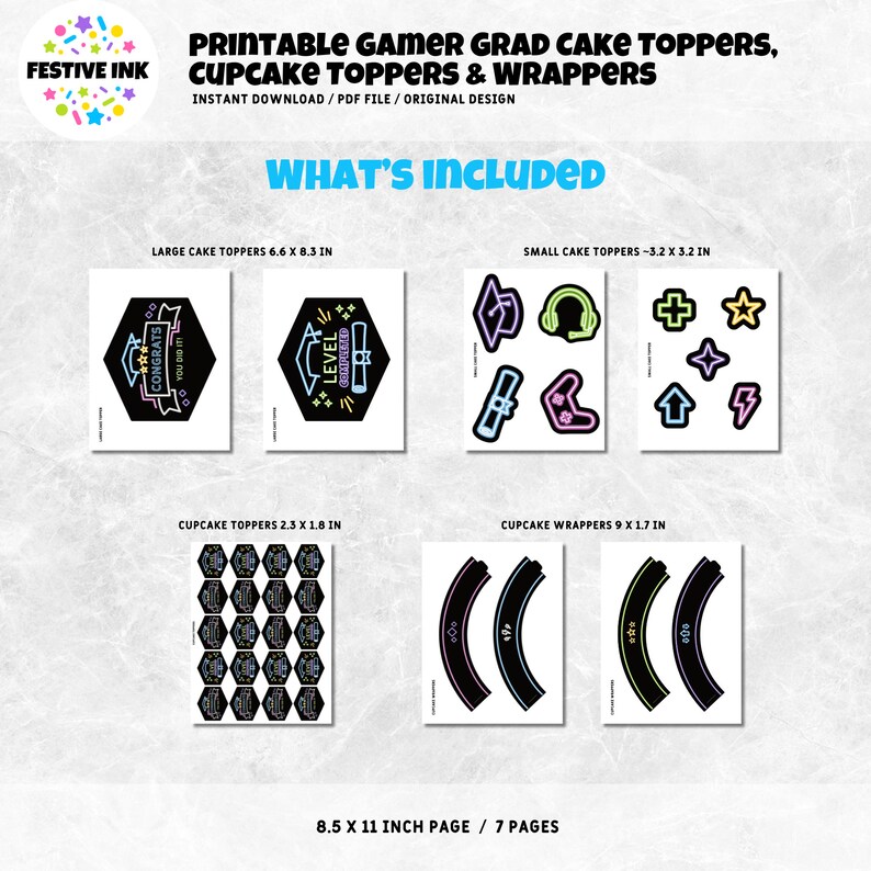 Gamer Graduation Cake, Cupcake Toppers & Wrappers, Neon School Event ...