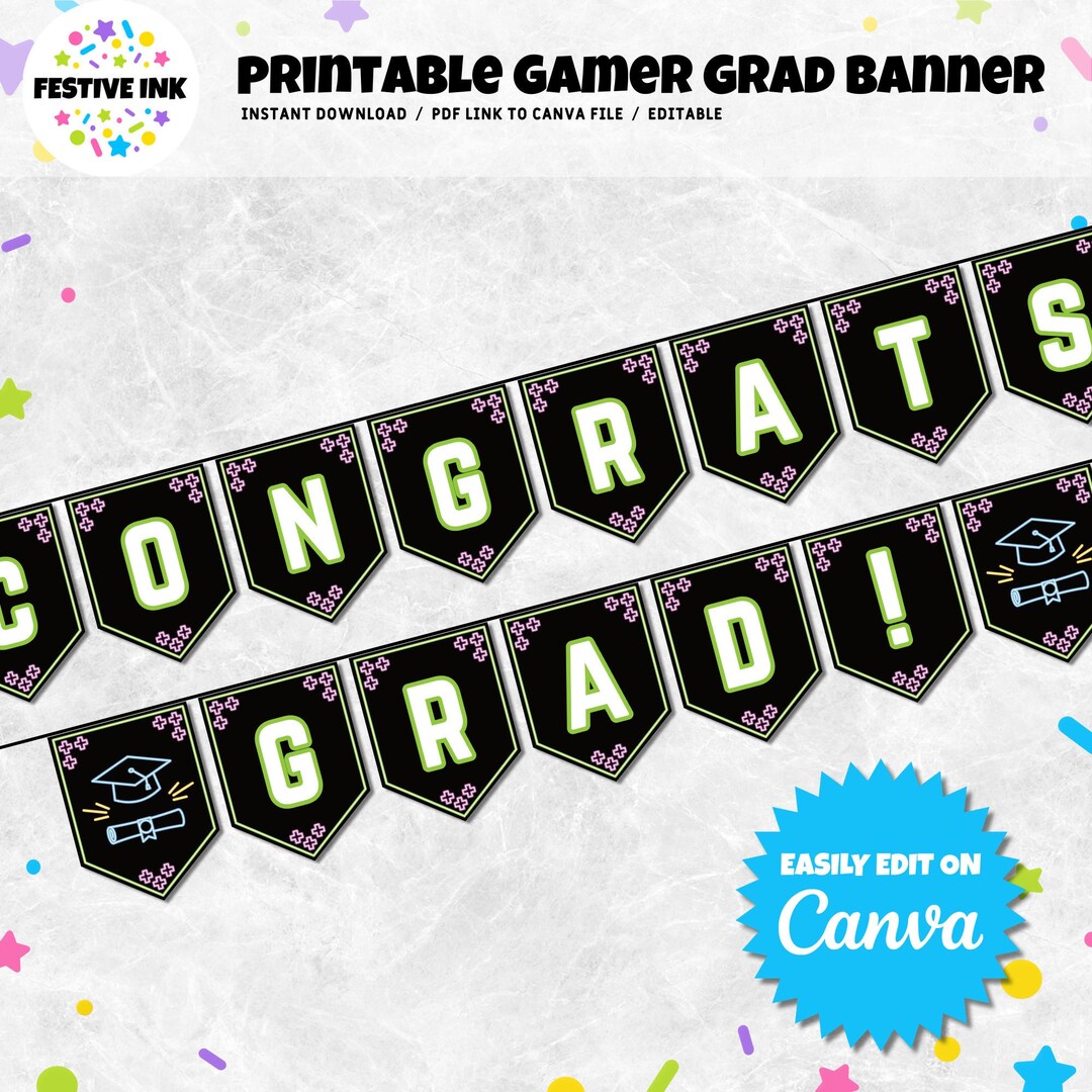 Gamer Graduation Banner, Neon School Bunting, Achievement Party ...