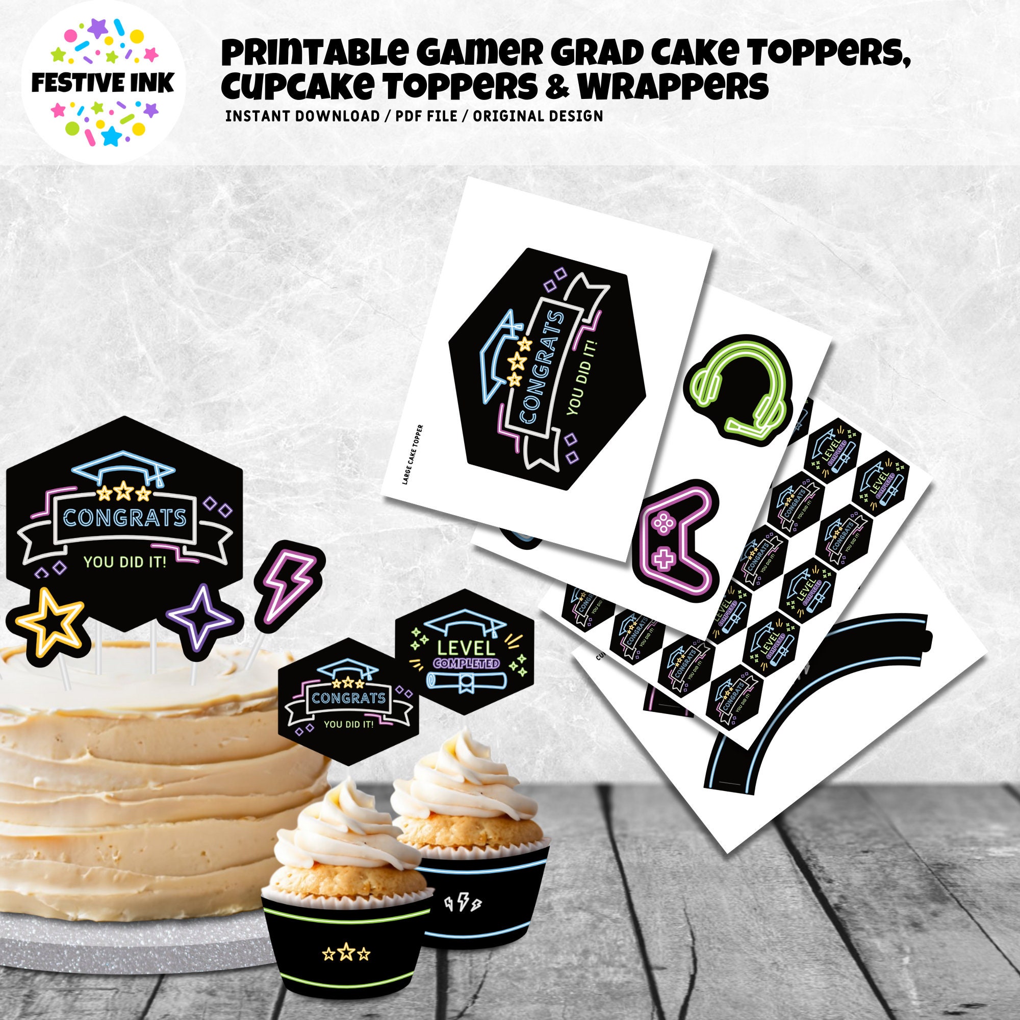 Gamer Graduation Cake, Cupcake Toppers & Wrappers, Neon School Event ...