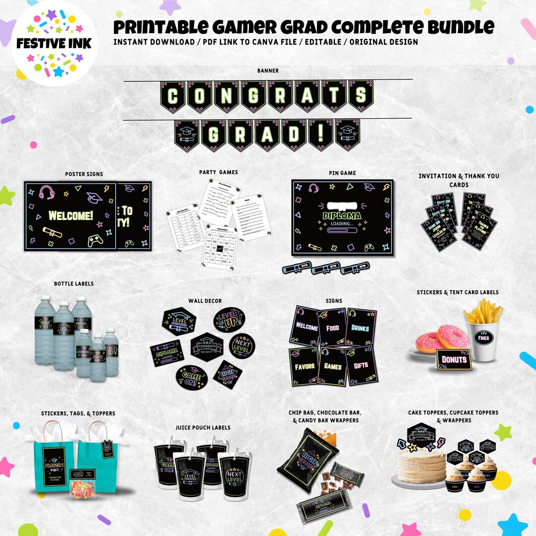 Gamer Graduation Complete Bundle, Colorful Neon Event Decor, Video Game ...