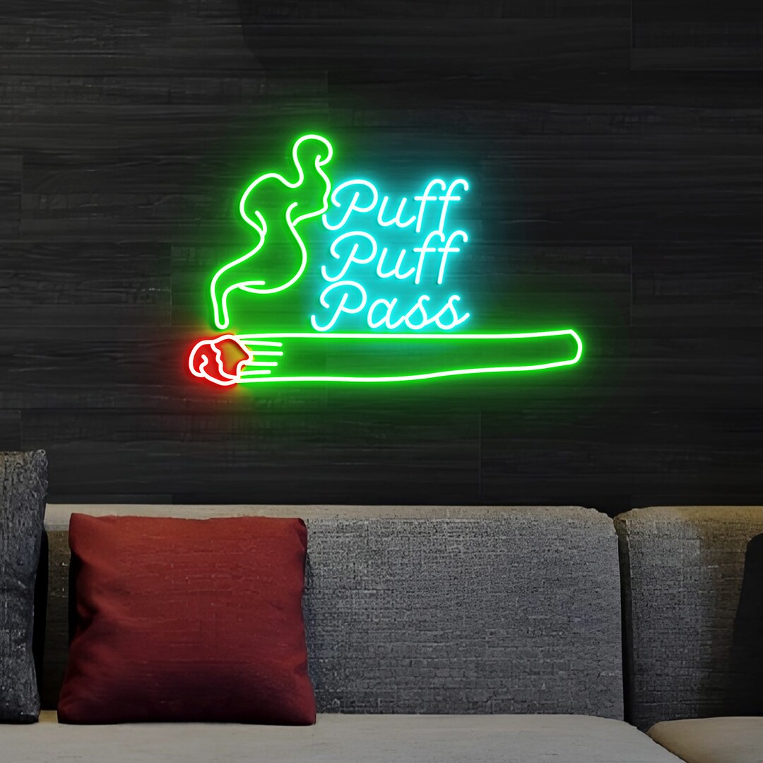 Marijuana Neon Sign, Neon Sign Puff Puff Pass Custom, Hippie Room Wall ...