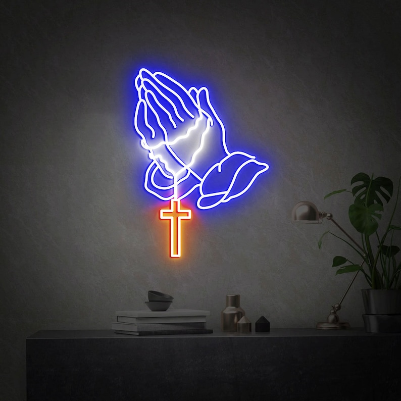 Praying Hands, Led Neon Sign, Prayer Hands Art, Cross, Religious Wall ...