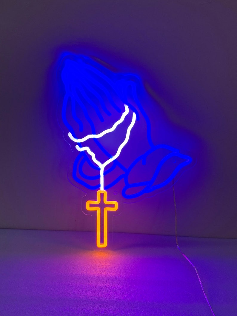 Praying Hands, Led Neon Sign, Prayer Hands Art, Cross, Religious Wall ...