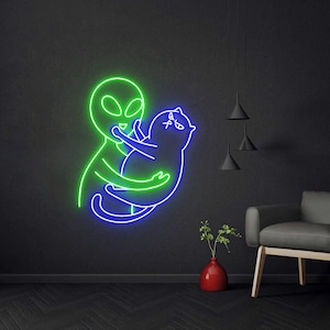 Alien Cat Neon Sign, Cute Alien Petting a Cat, Creative Neon Sign Alien ...
