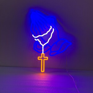 Praying Hands, Led Neon Sign, Prayer Hands Art, Cross, Religious Wall ...