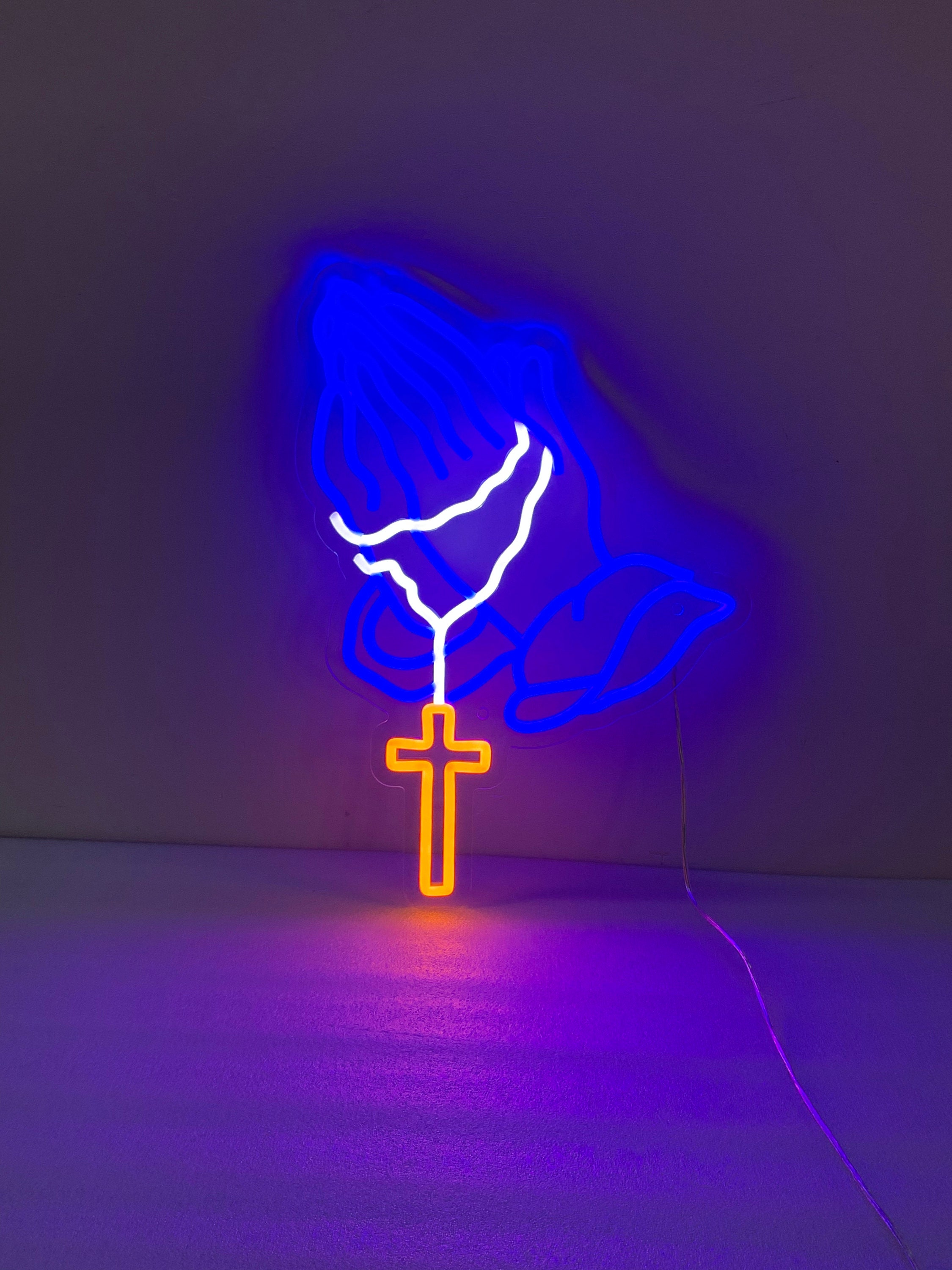 Praying Hands, Led Neon Sign, Prayer Hands Art, Cross, Religious Wall ...