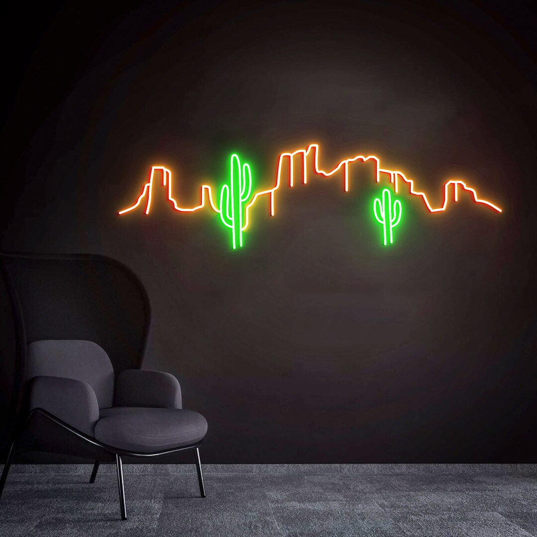 Western Desert With Cactus Neon Sign, Western Decor, Mountains With ...