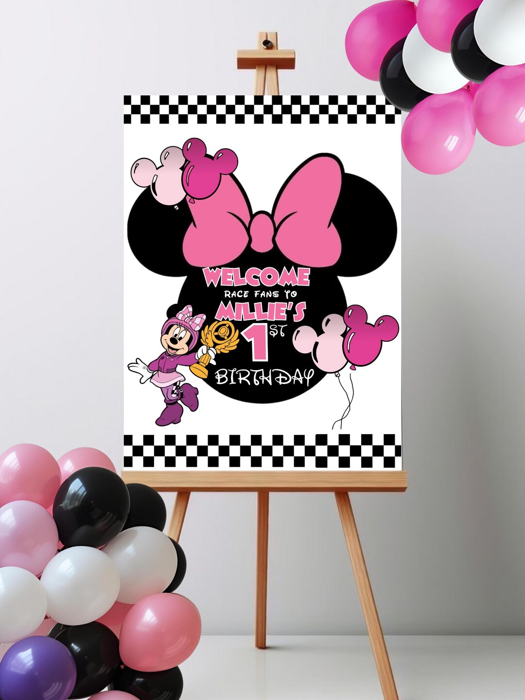 Minnie Mouse Racer Birthday Welcome Sign | Pink First Race Girl’s 1st ...