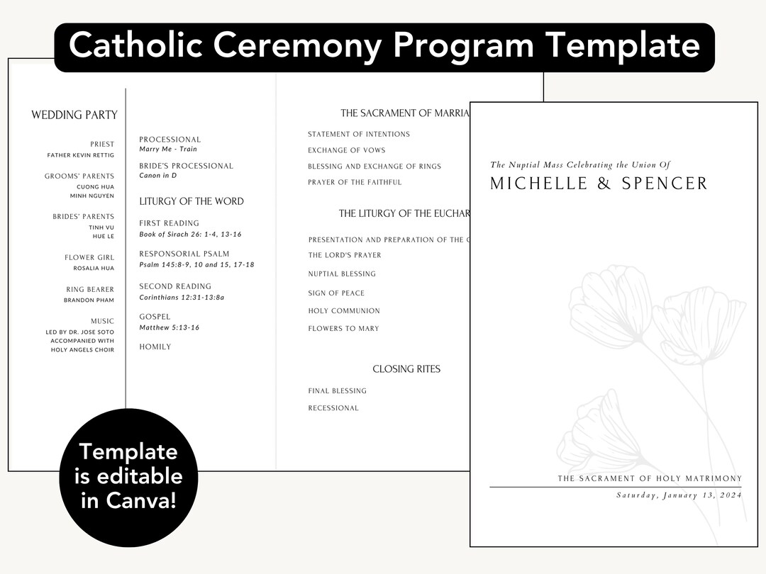 Catholic Wedding Ceremony Program, Minimalist, Modern, Digital Canva ...