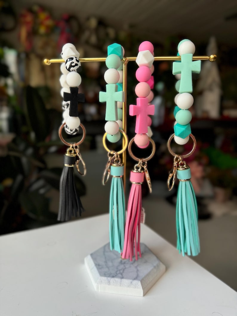 Cross Silicone Beaded Wristlet Keychains With Leather Tassel Cross ...