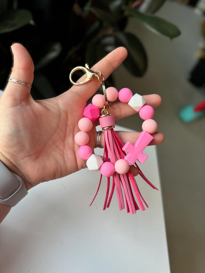 Cross Silicone Beaded Wristlet Keychains With Leather Tassel Cross ...