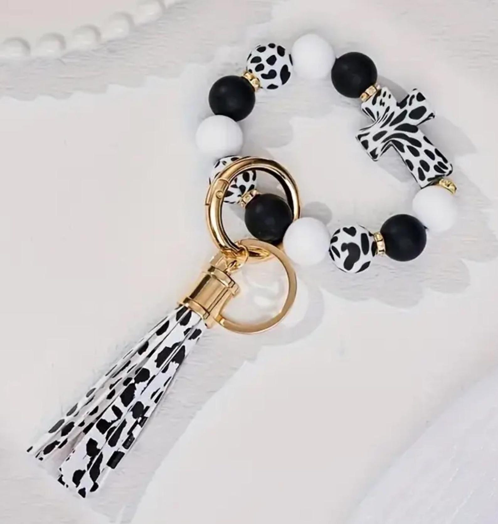 Cross Silicone Beaded Wristlet Keychains With Leather Tassel Cross ...