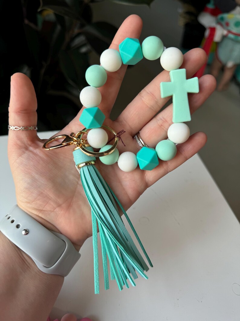 Cross Silicone Beaded Wristlet Keychains With Leather Tassel Cross ...