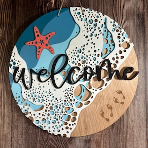 Ocean Waves Round Welcome Sign, Beach Theme, Coastal Decor, Nautical ...