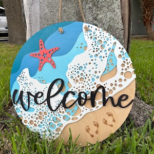 Ocean Waves Round Welcome Sign, Beach Theme, Coastal Decor, Nautical ...