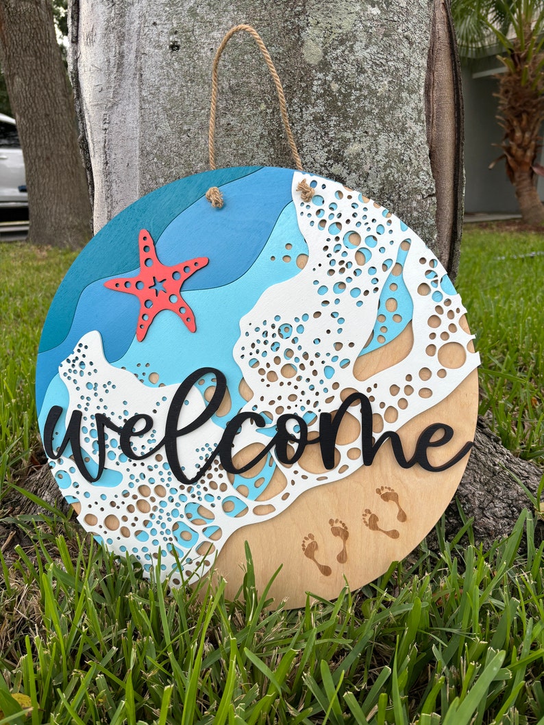 Ocean Waves Round Welcome Sign, Beach Theme, Coastal Decor, Nautical ...