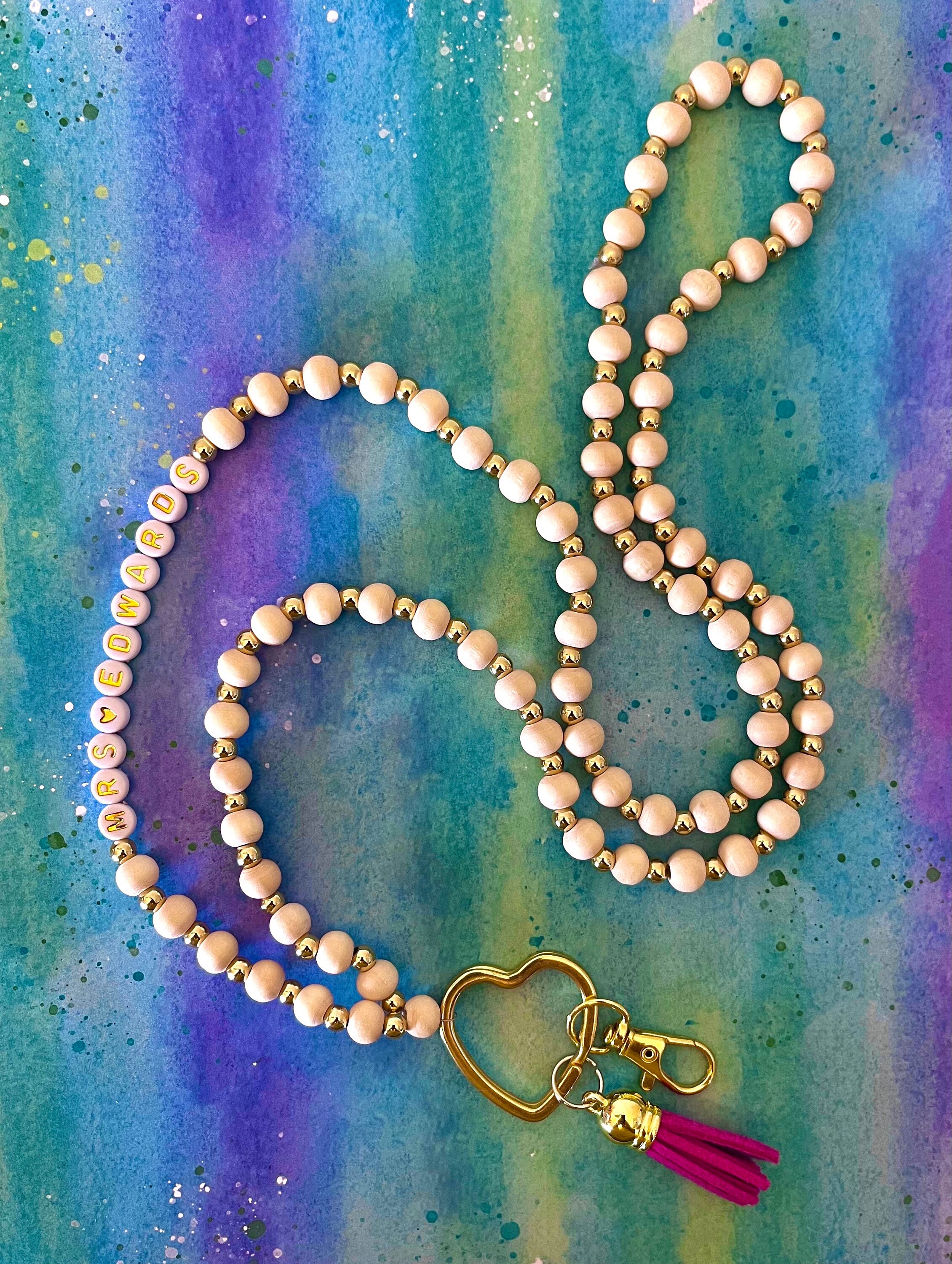 Personalized Wood and Gold Beaded Lanyard With Gold Letters - Etsy