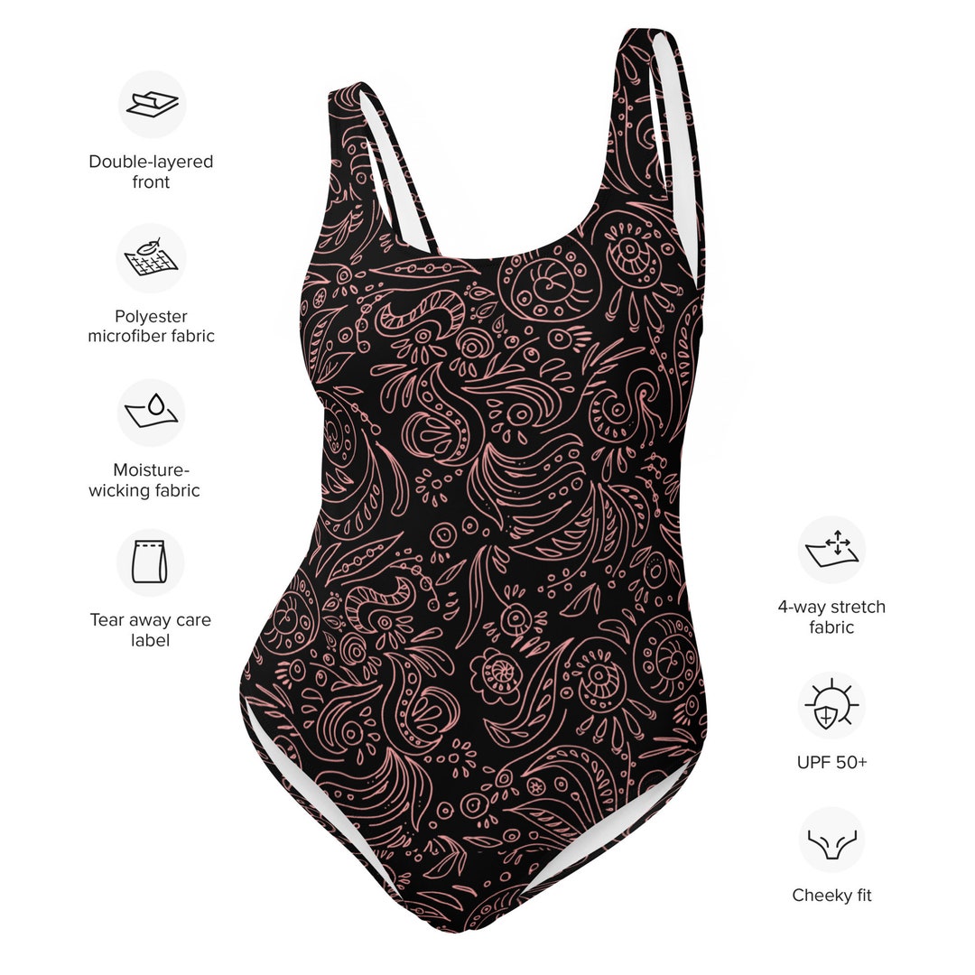 Boho Paisley One-piece Swimsuit | Black and Pink Patterned Bathing Suit ...