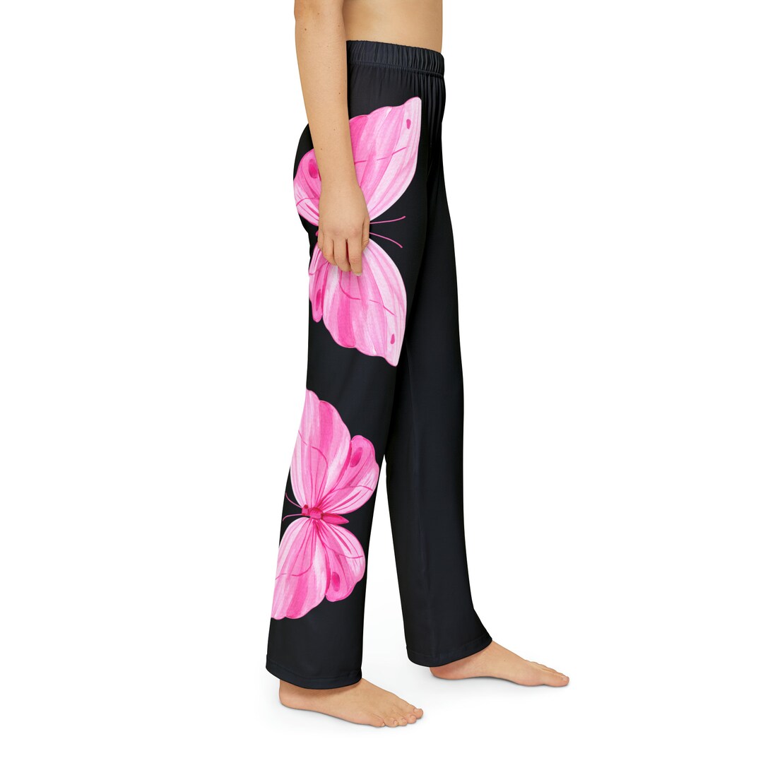 Pink Butterfly Pajama Pants, Elastic Waistband Soft Stretchy Nightwear ...