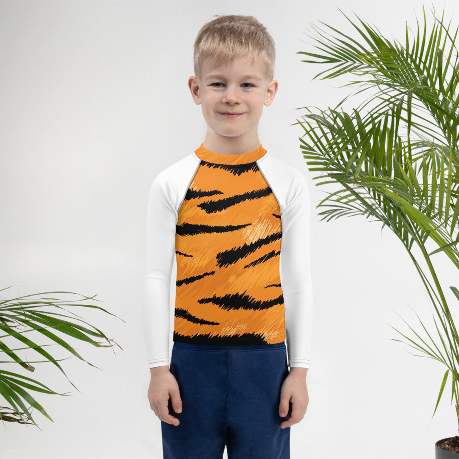 Kids Rash Guard Tiger Stripes Print Long Sleeve Shirt, Sun Protective ...