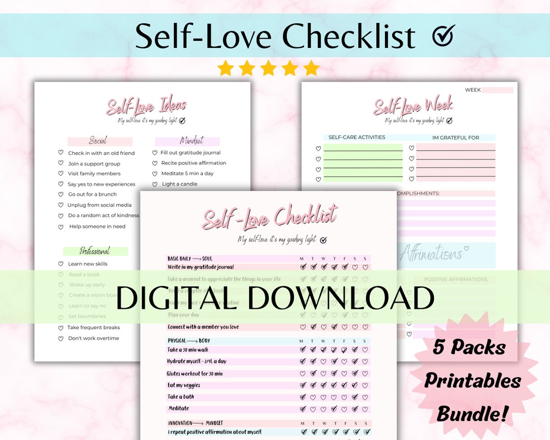 Self-love Planner Checklist for Mental Health and Wellness, Daily Well ...