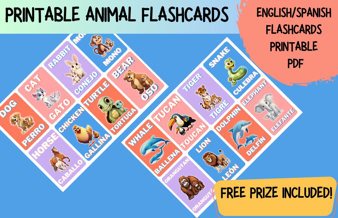 BILINGUAL Kid's Animal Flashcards English/spanish- PRINTABLE PDF - Etsy