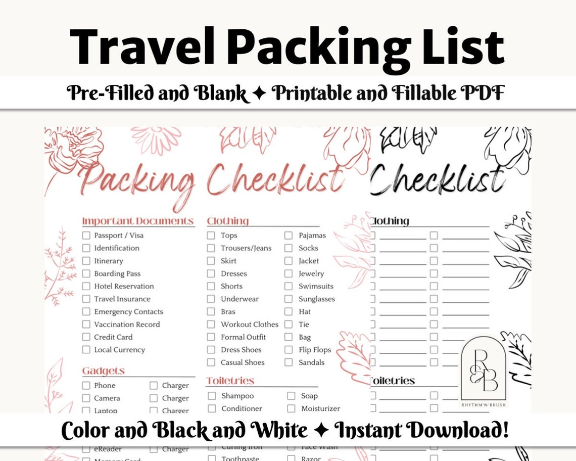 Travel Packing List Editable Packing Checklist Printable Travel Check ...