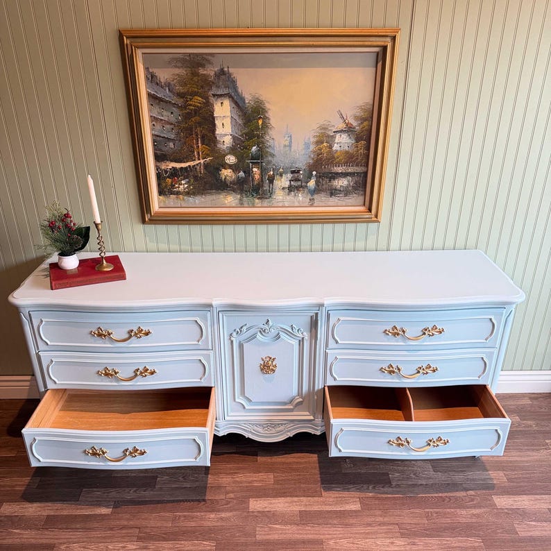 Light Blue Vintage French Provincial Dresser | Gold Hardware | 9 Drawer ...