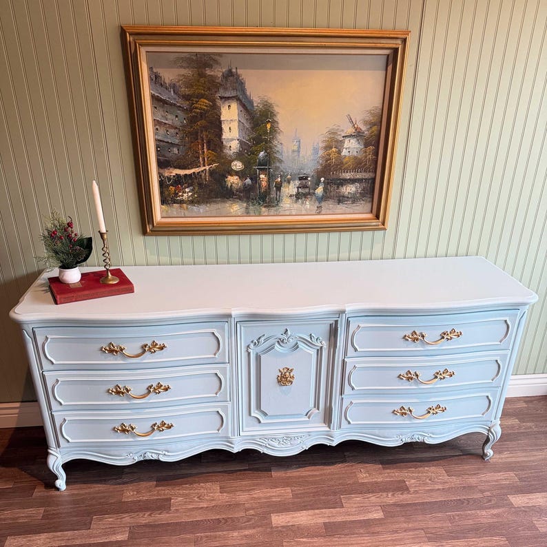 Light Blue Vintage French Provincial Dresser | Gold Hardware | 9 Drawer ...