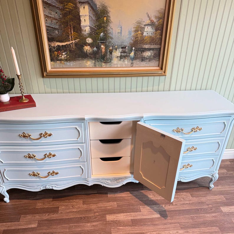 Light Blue Vintage French Provincial Dresser | Gold Hardware | 9 Drawer ...