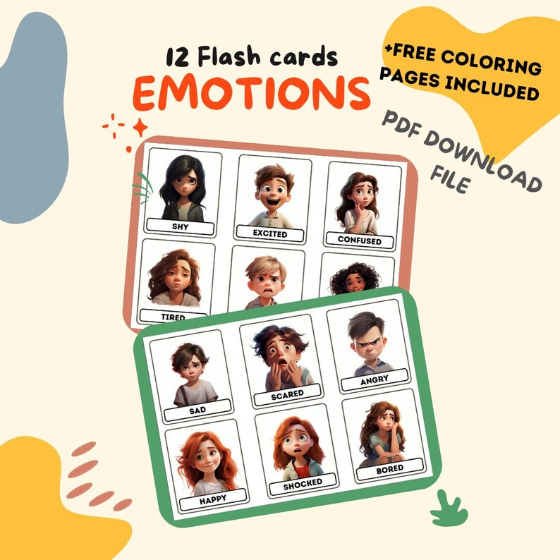 12 Emotions Flash Cards Free Coloring Pages PDF File - Etsy Australia