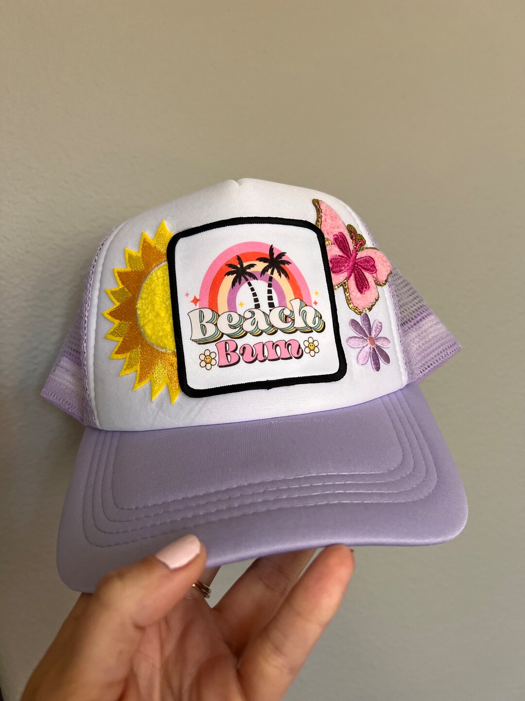 Purple White Beach Bum, Custom Trucker Hat, Sun, Butterfly, Flower ...