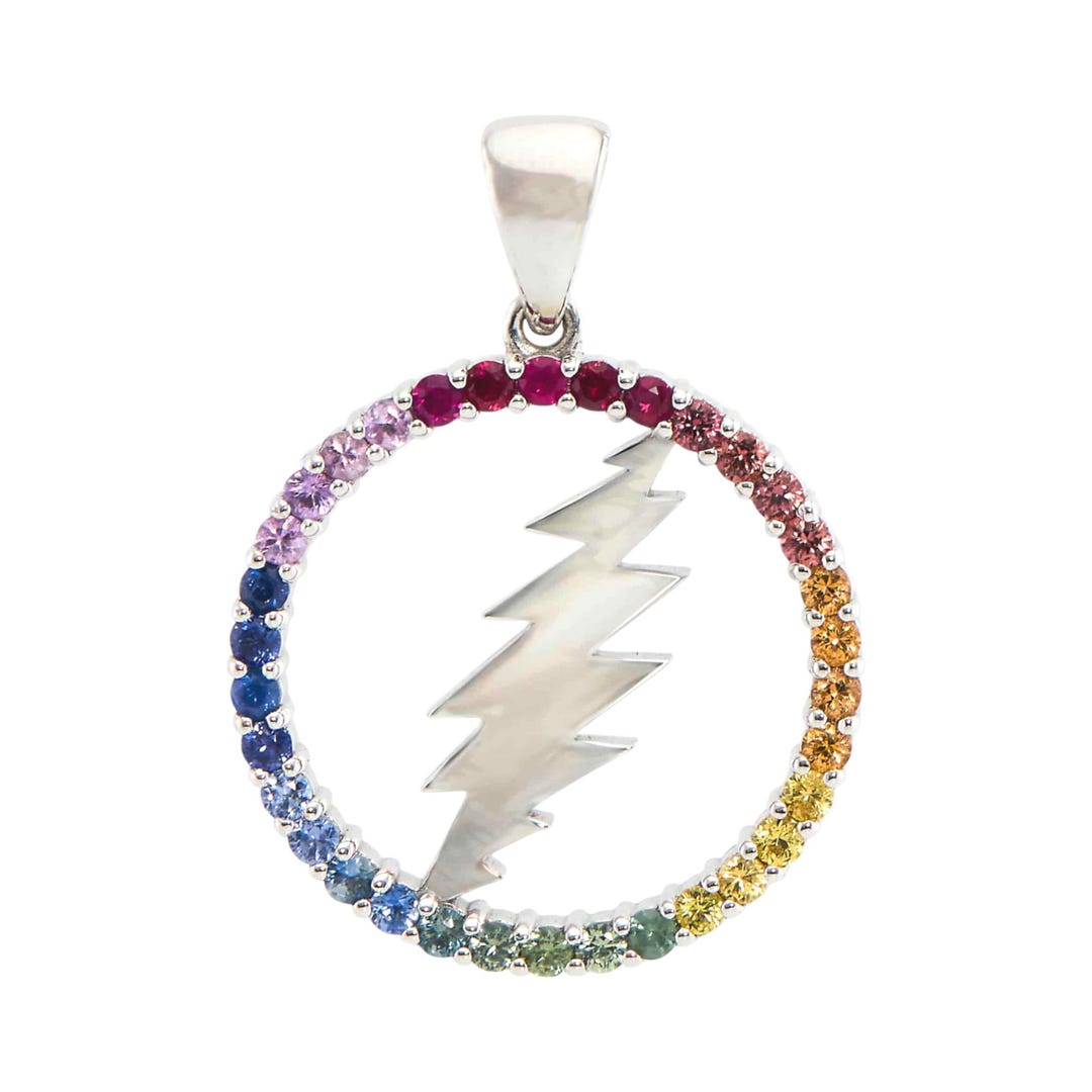 Grateful Dead Rainbow Sapphire & Ruby Mix Silver Circle Lightning Bolt ...