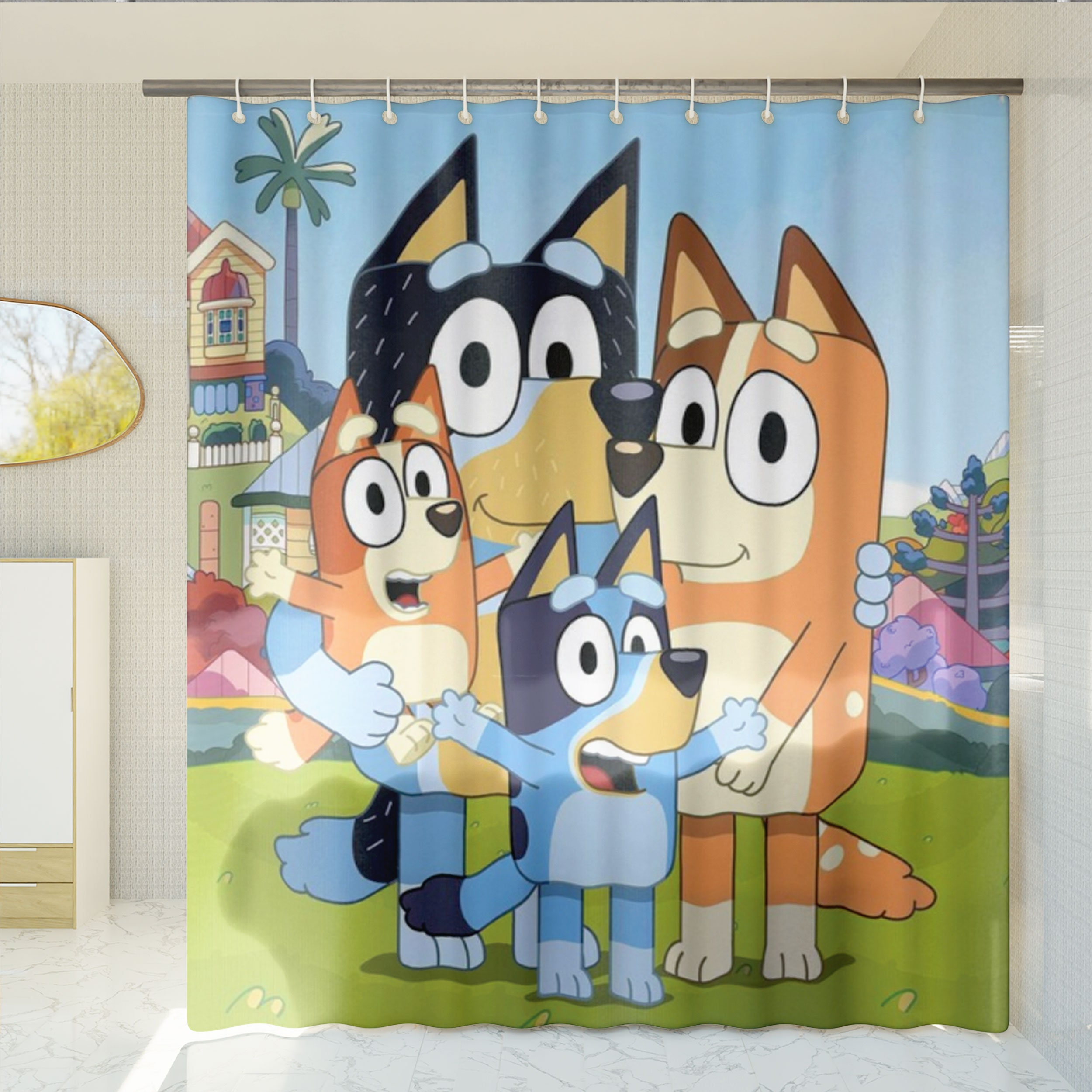 Bluey Family Summer Vacation Shower Curtain, Bluey Bingo Bathroom Decor ...