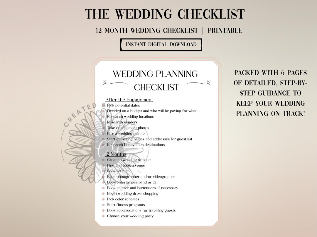 12-month Wedding Planning Checklist - Digital PDF Download - Etsy