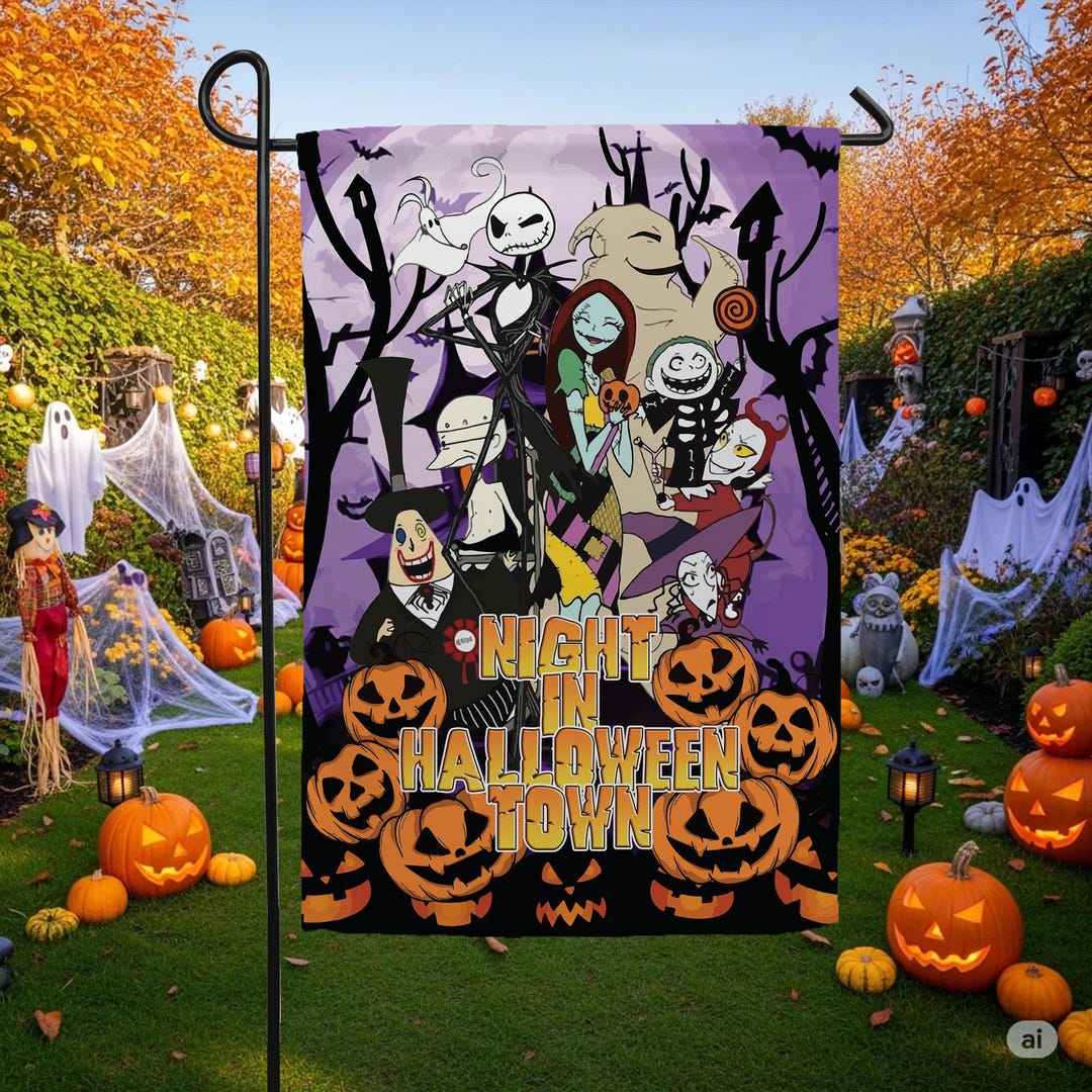 Nightmare Before Christmas Characters Garden Flag, Night in Halloween ...
