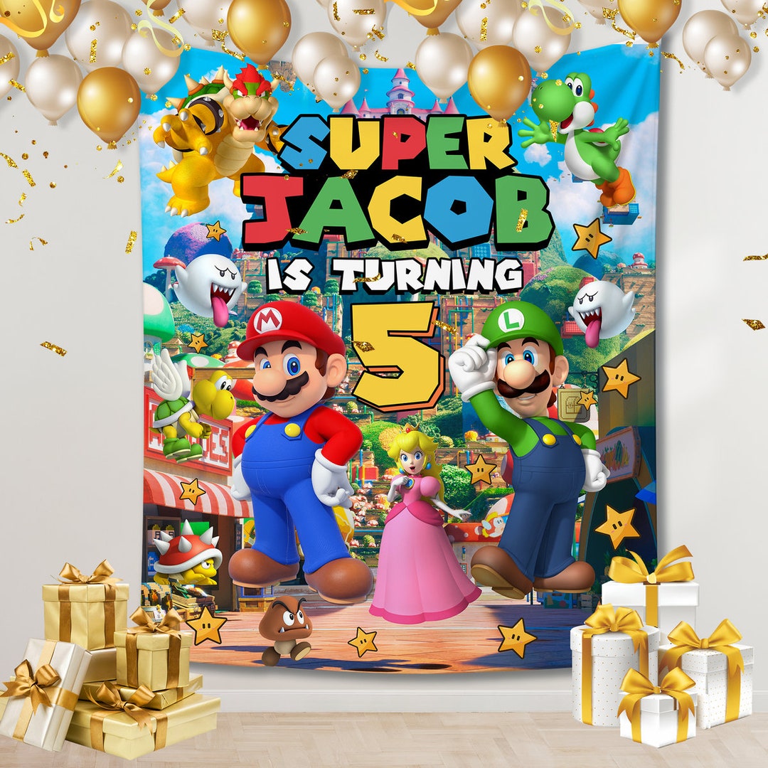 Telón de fondo de Super Mario, fiesta de cumpleaños de Mario, banner de ...