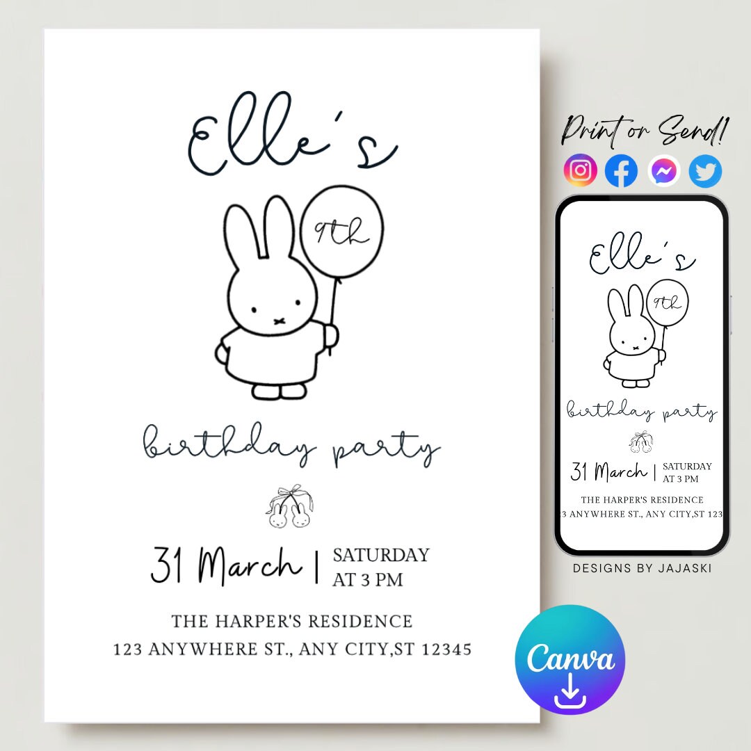 Miffy Black and White Birthday Invitation, Minimal Birthday Invite ...