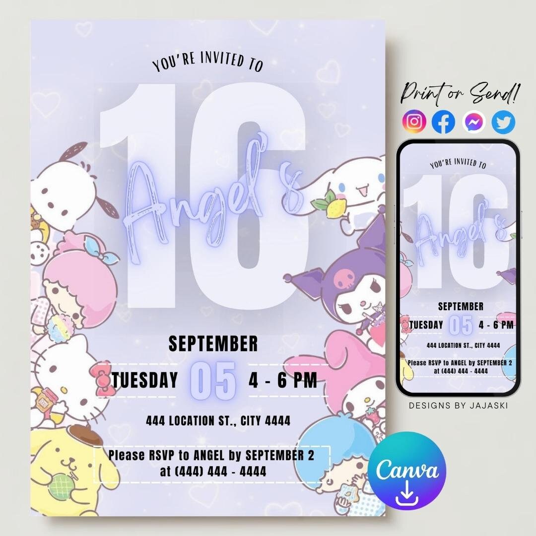 Kawaii Characters Birthday Invitation, Kitty Birthday Invitation, Kitty ...
