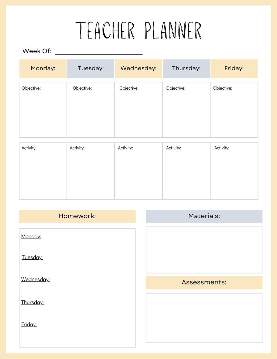 Editable Teacher Planning Weekly Worksheet - Etsy