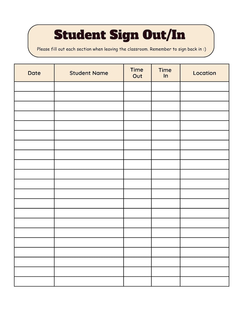 Student Sign Out/in Sheet - Etsy