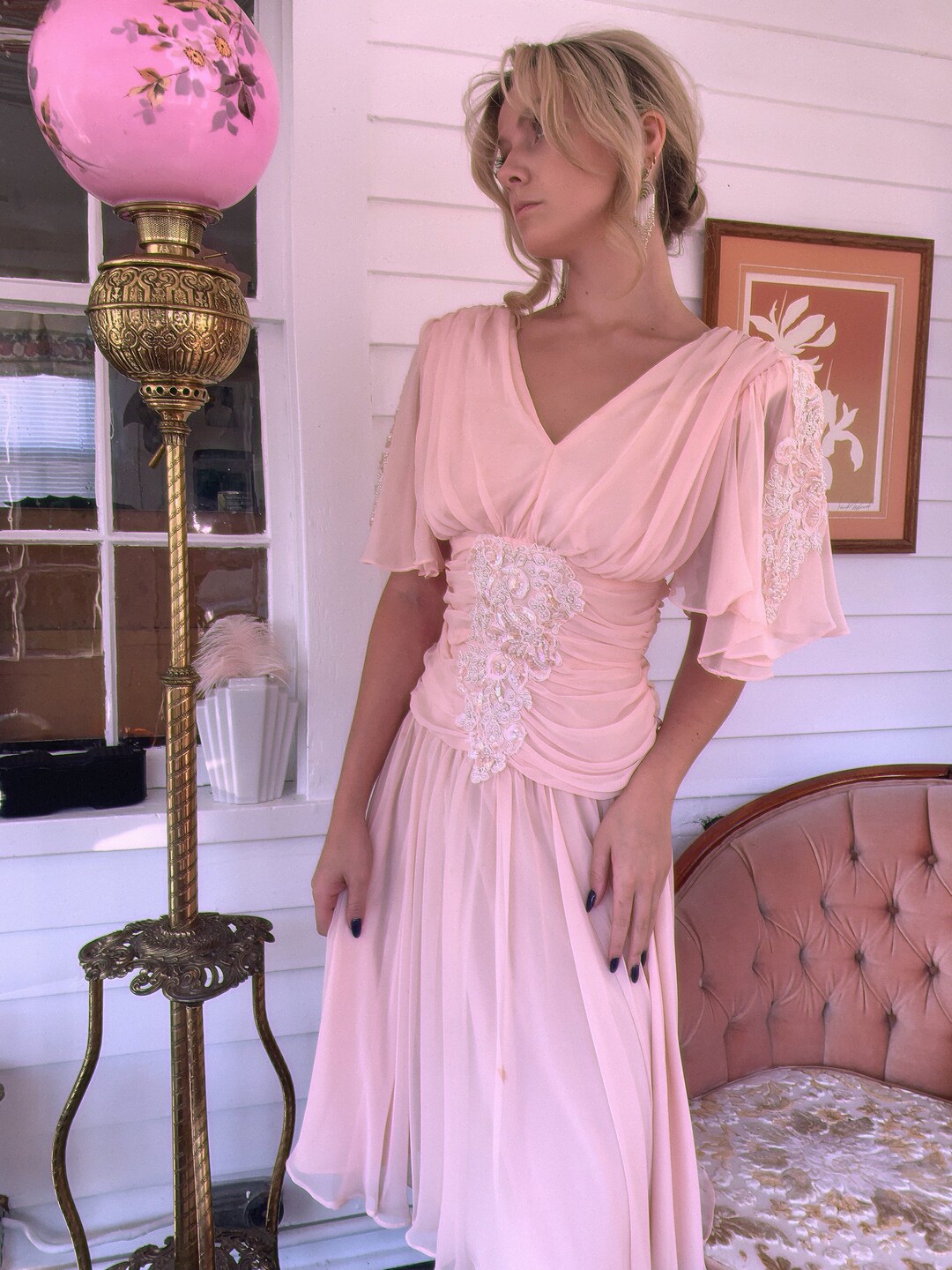 Vintage 1982 Pretty in Pink Flutter Sleeve Beaded Lace Formal Gown ...