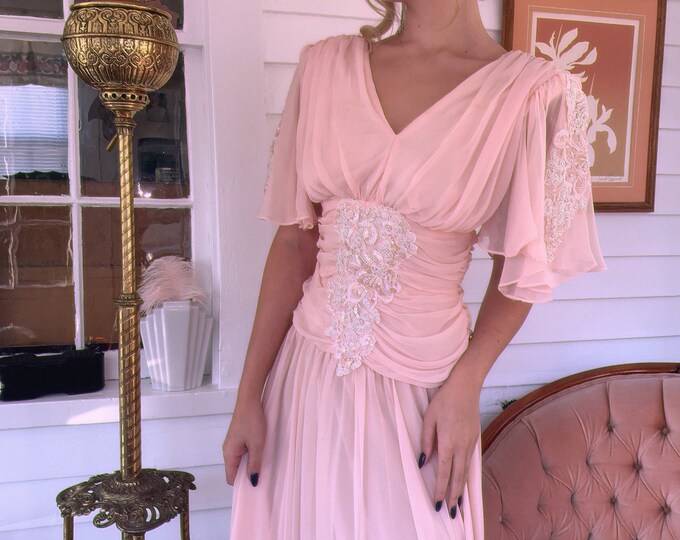 Vintage 1982 Pretty in Pink Flutter Sleeve Beaded Lace Formal Gown ...