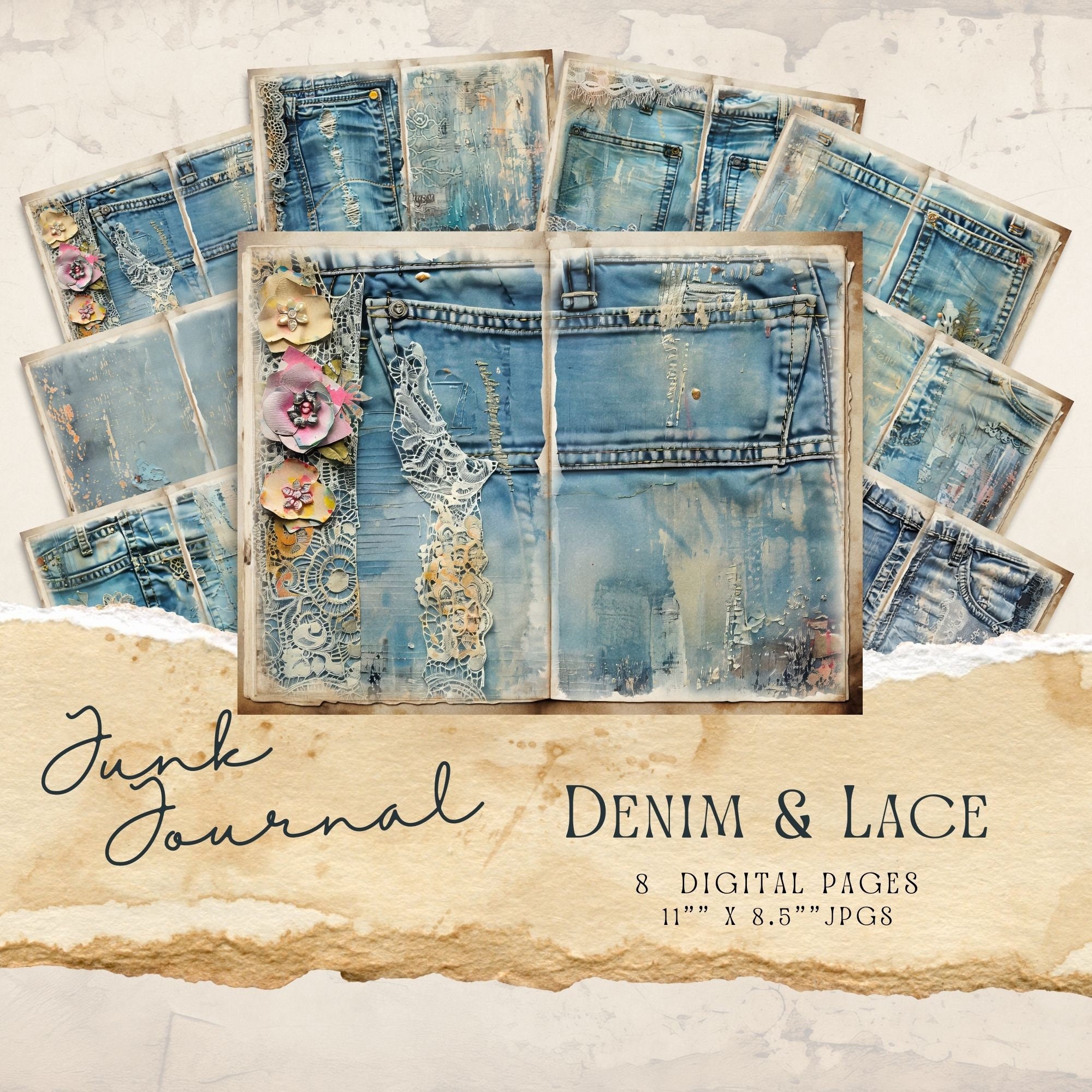 Junk Journal Download Denim and Lace | Old Denim Pages | Commercial Use ...